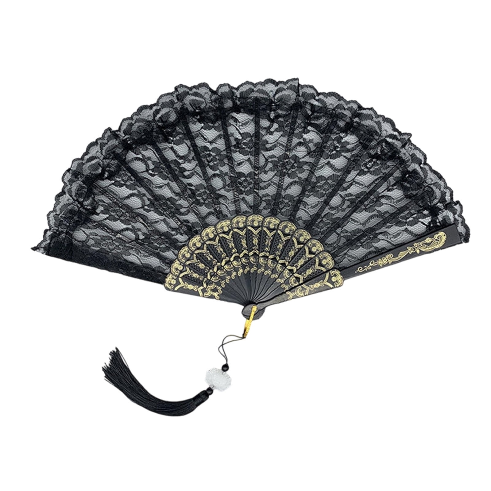 Black Lace Hand Fan with Tassels Folding Paper Fan Elegant Decorative ...