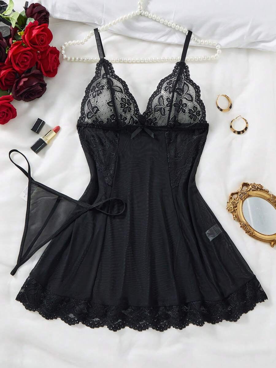 Black Lace & Mesh Chemise Sleep Dress With G-String, V-Neck Backless ...