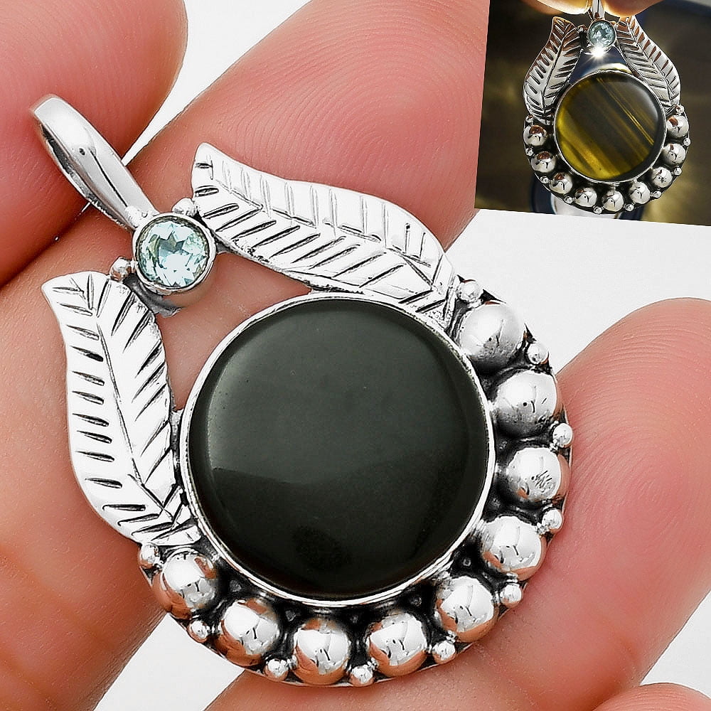 Black Lace Obsidian & Sky Blue Topaz 925 Sterling Silver Pendant ...