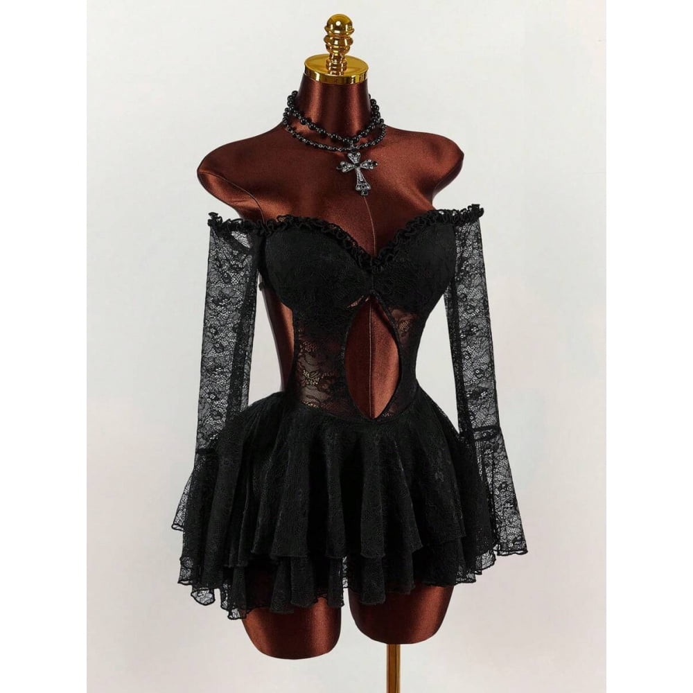 Black Lace Off-Shoulder Sheer Long Sleeve Mini Dress With Ruffled Skirt ...