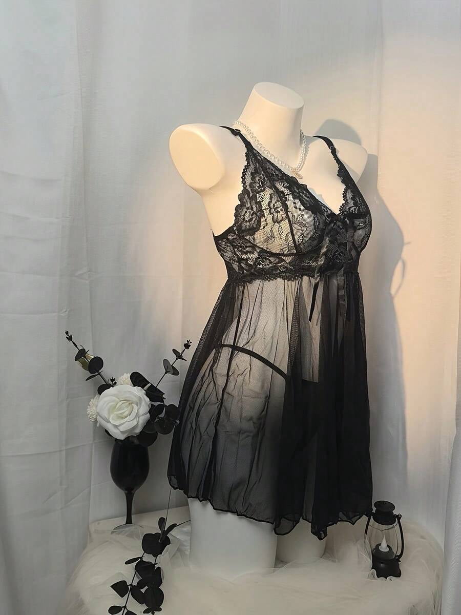 Black Lace Sheer Chemise Sleep Dress With Tulle Overlay - Walmart.com