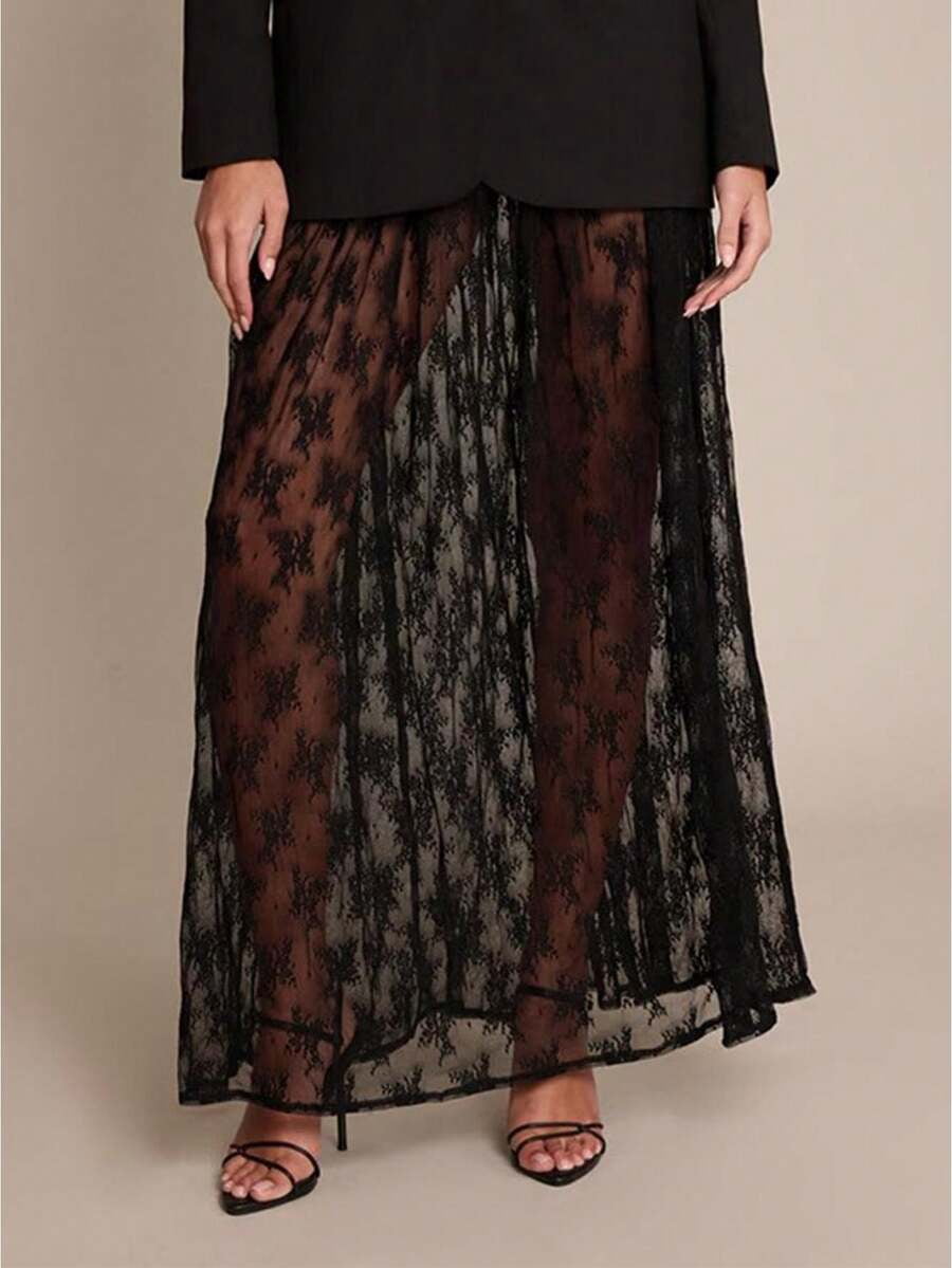 Black Lace Sheer Maxi Skirt Low Waist Floral Mesh Flowy A-Line Boho ...