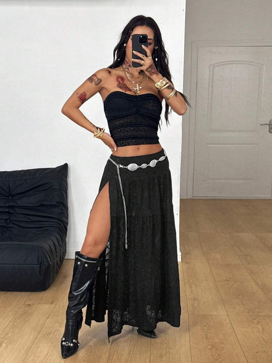 Black Lace Side Slit Maxi Skirt For Women Festival Boho Chic High-Slit ...