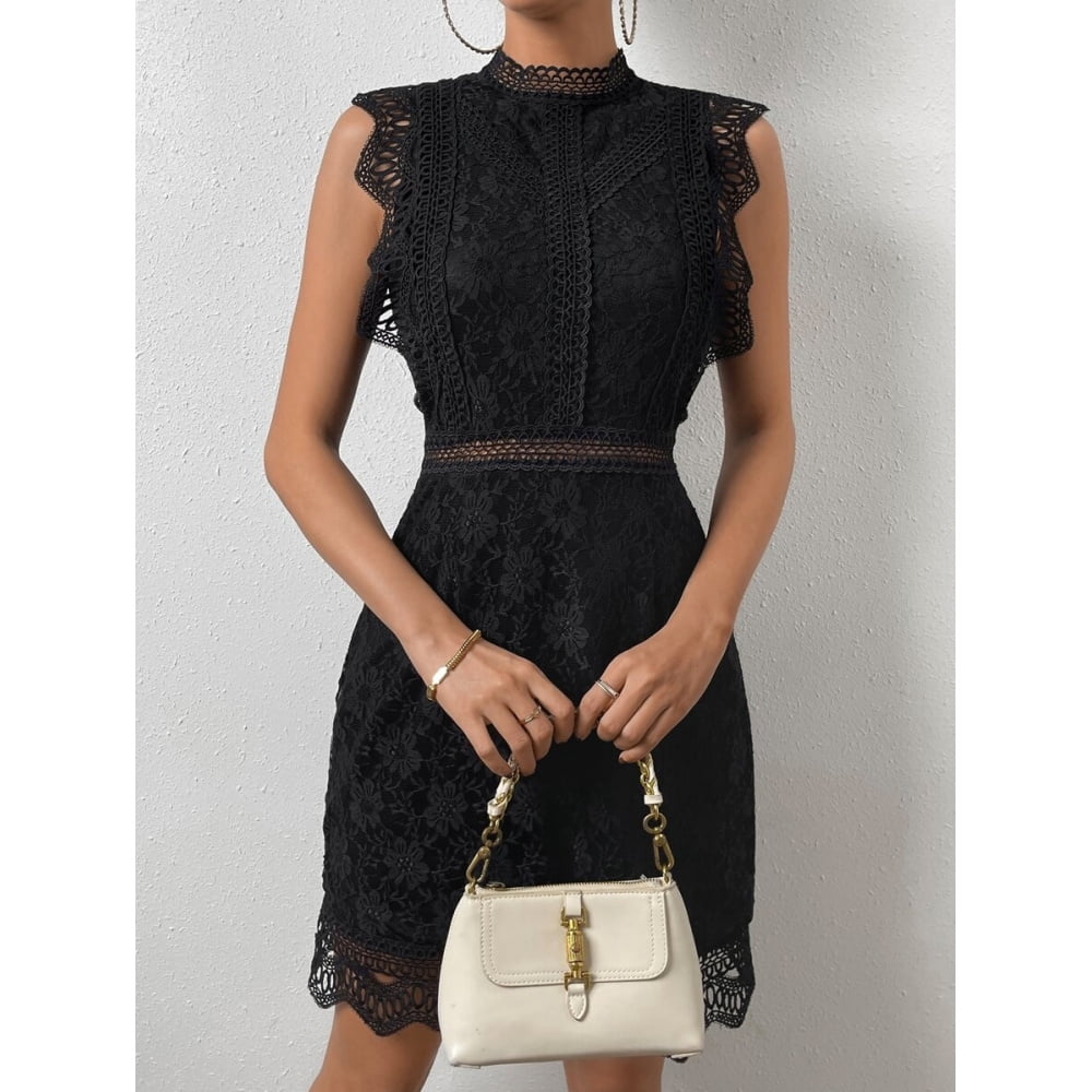 Black Lace Sleeveless High Neck Mini Dress With Cutout Waist Detail ...