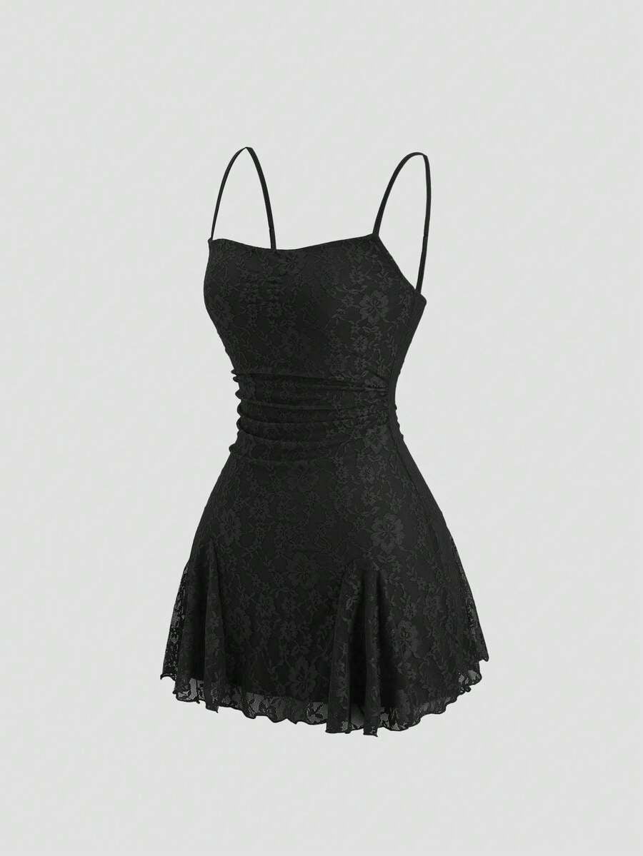 Black Lace Sleeveless Mini Dress With Ruched Waist And Spaghetti Straps ...