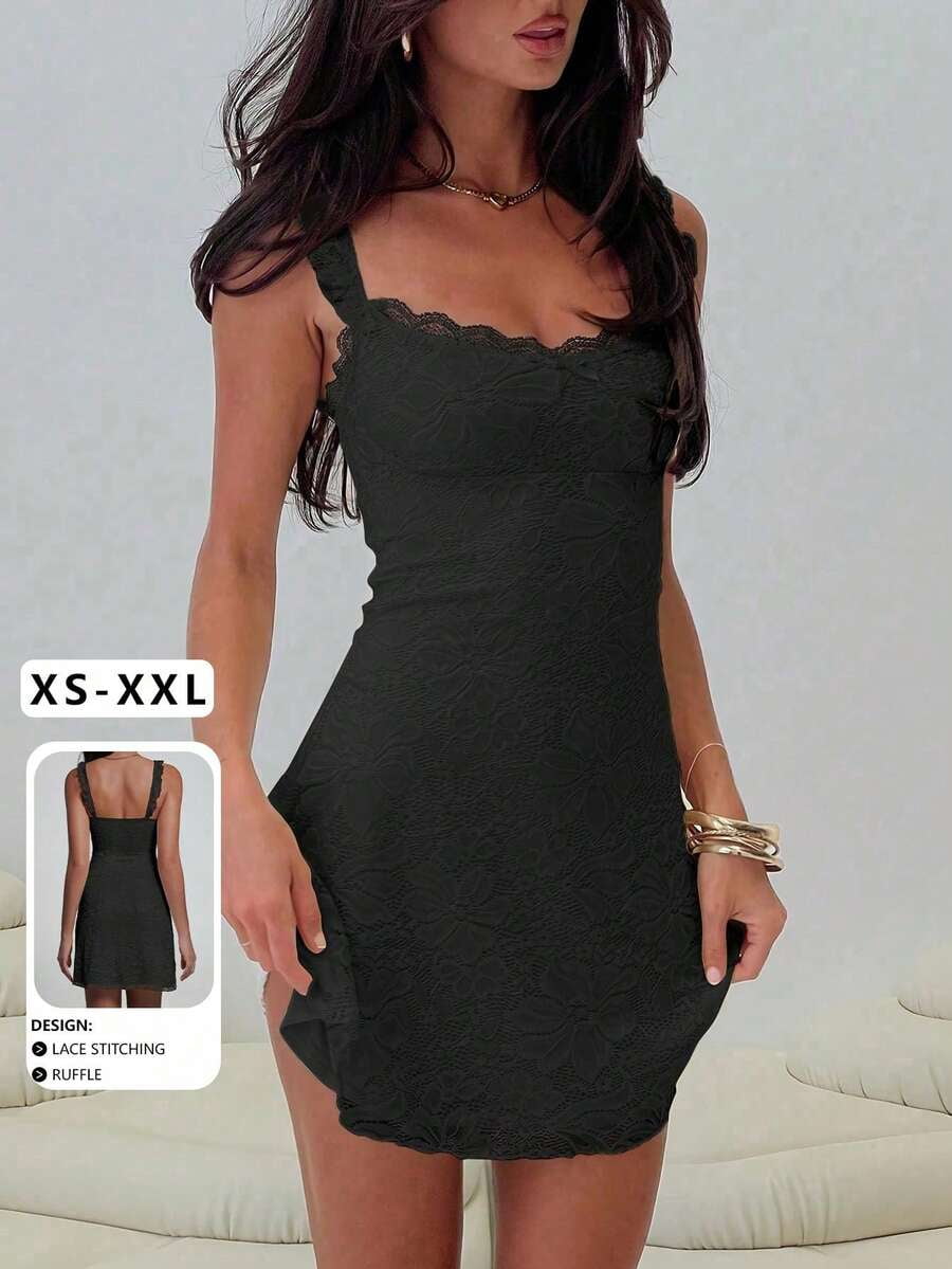 Black Lace Sleeveless Ruffle Strap Mini Dress For Summer Party Evening ...