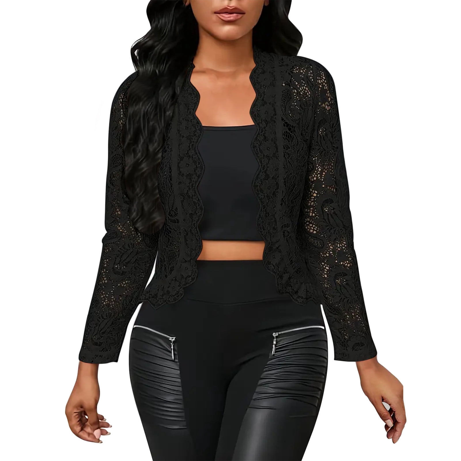 Black Lace Spandex Tops for Ladies Winter Fall Long Sleeve Loose Fit ...