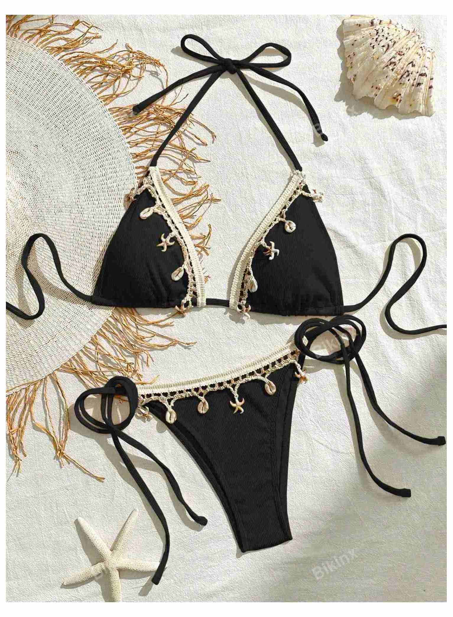Black Lace Up Bikini Deep V Swimsuit for Women - Exquisite Shell Detail ...