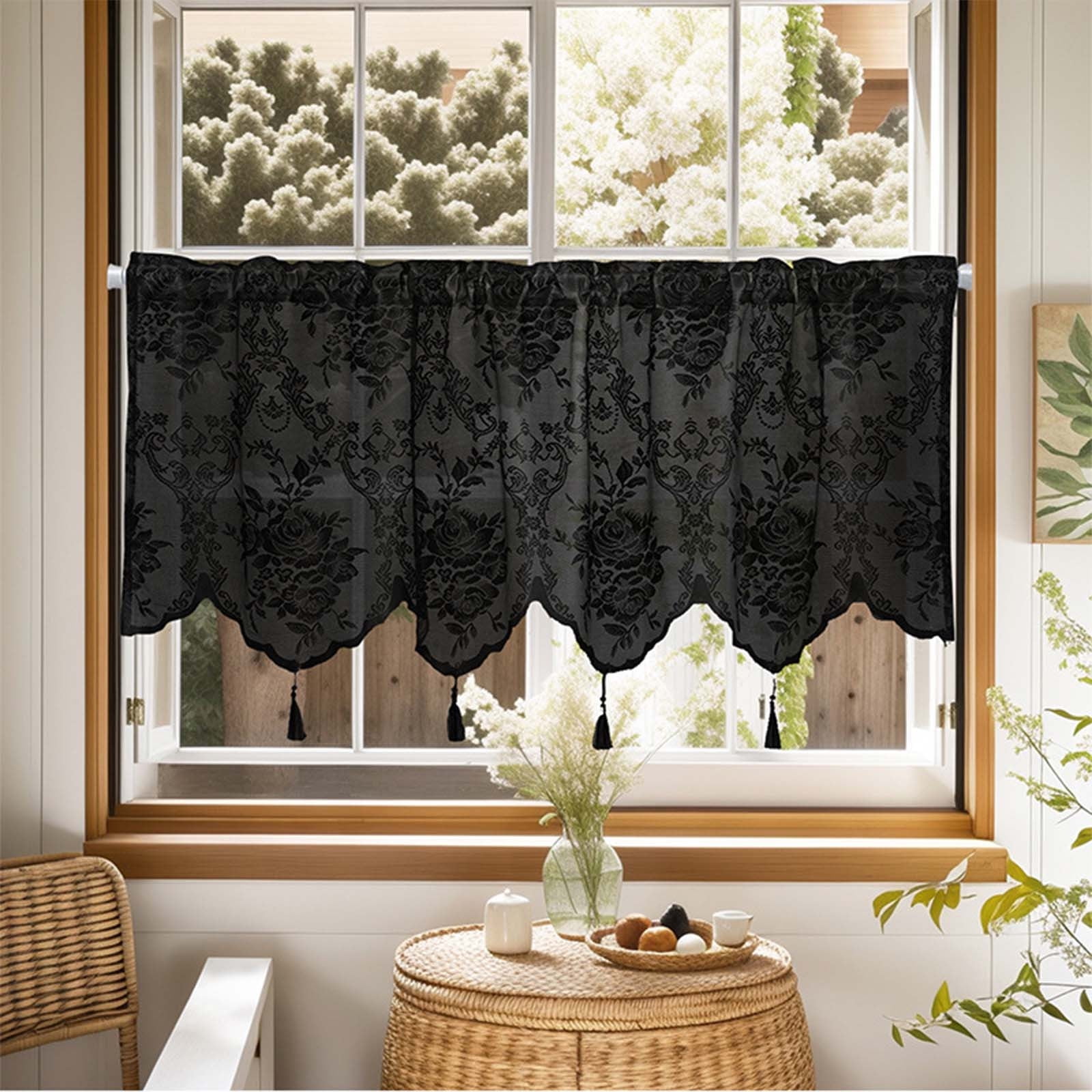 Black Lace Valances for Windows, Gothic Semi Sheer Floral Embroidered ...
