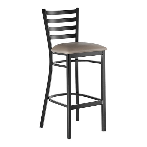 Black Ladder Back Metal Restaurant Barstool with Dark Gray Vinyl Padded ...