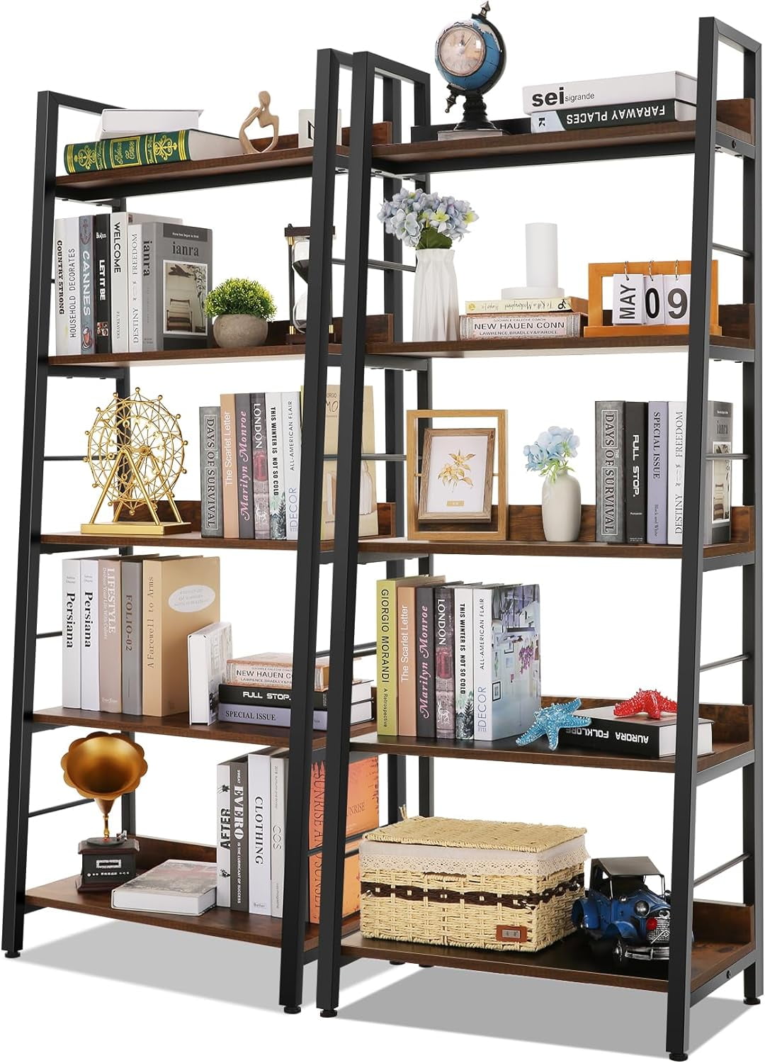 Black Ladder Bookshelf 5 Shelf Bookcase Industrial Bookshelf Wood and ...