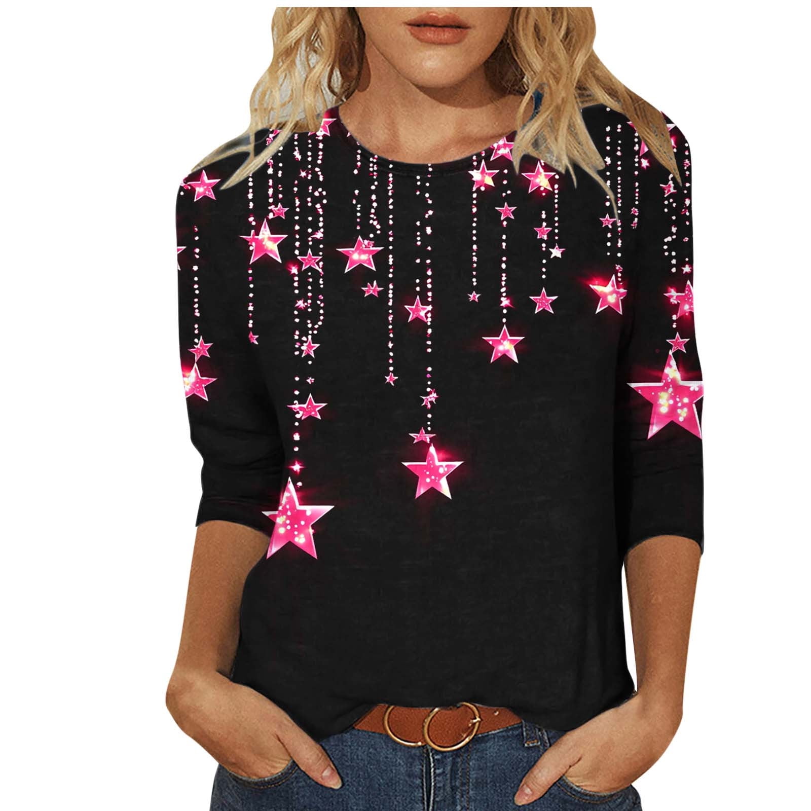 Black Ladies 3/4 Length Sleeve Tshirts Lover Print Loose Fit Tee Tops ...