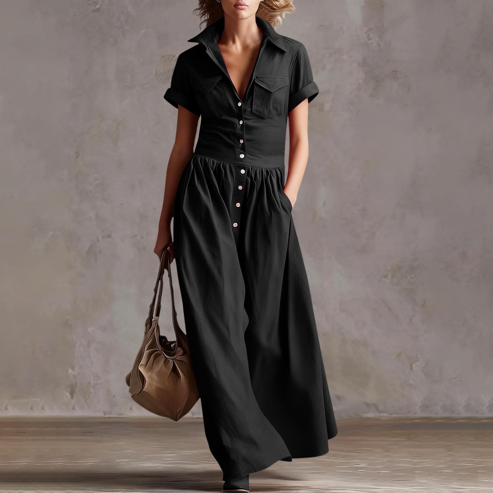 Black Ladies Basic Midi Loose Fit Long Dress for Juniors Turtle Neck ...