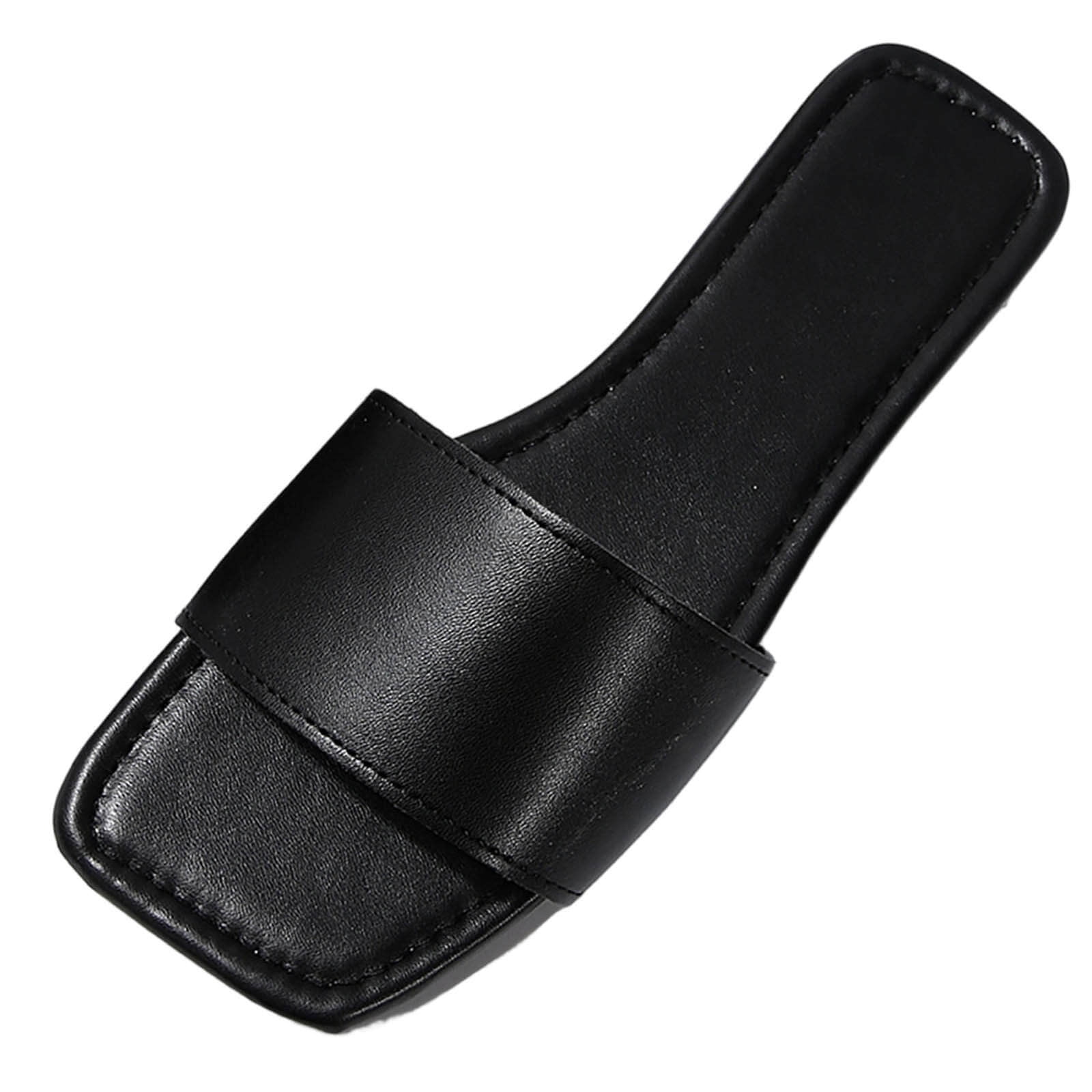 Black Ladies Beach Flat Sandals Solid Color Square Toe Open Toe For ...