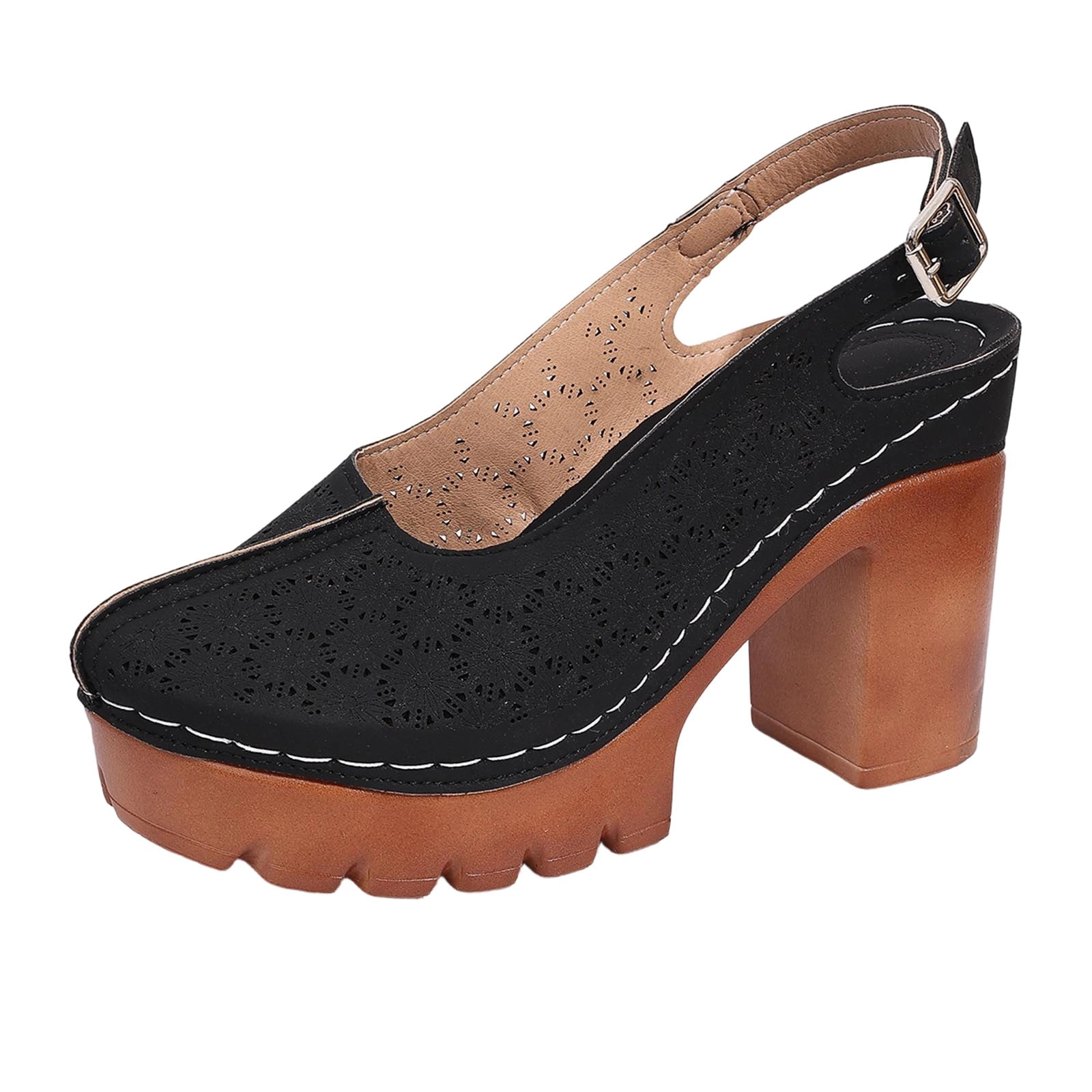 Black Ladies Block Heel Sandals With Closed Toe And Thick Sole Chunky ...