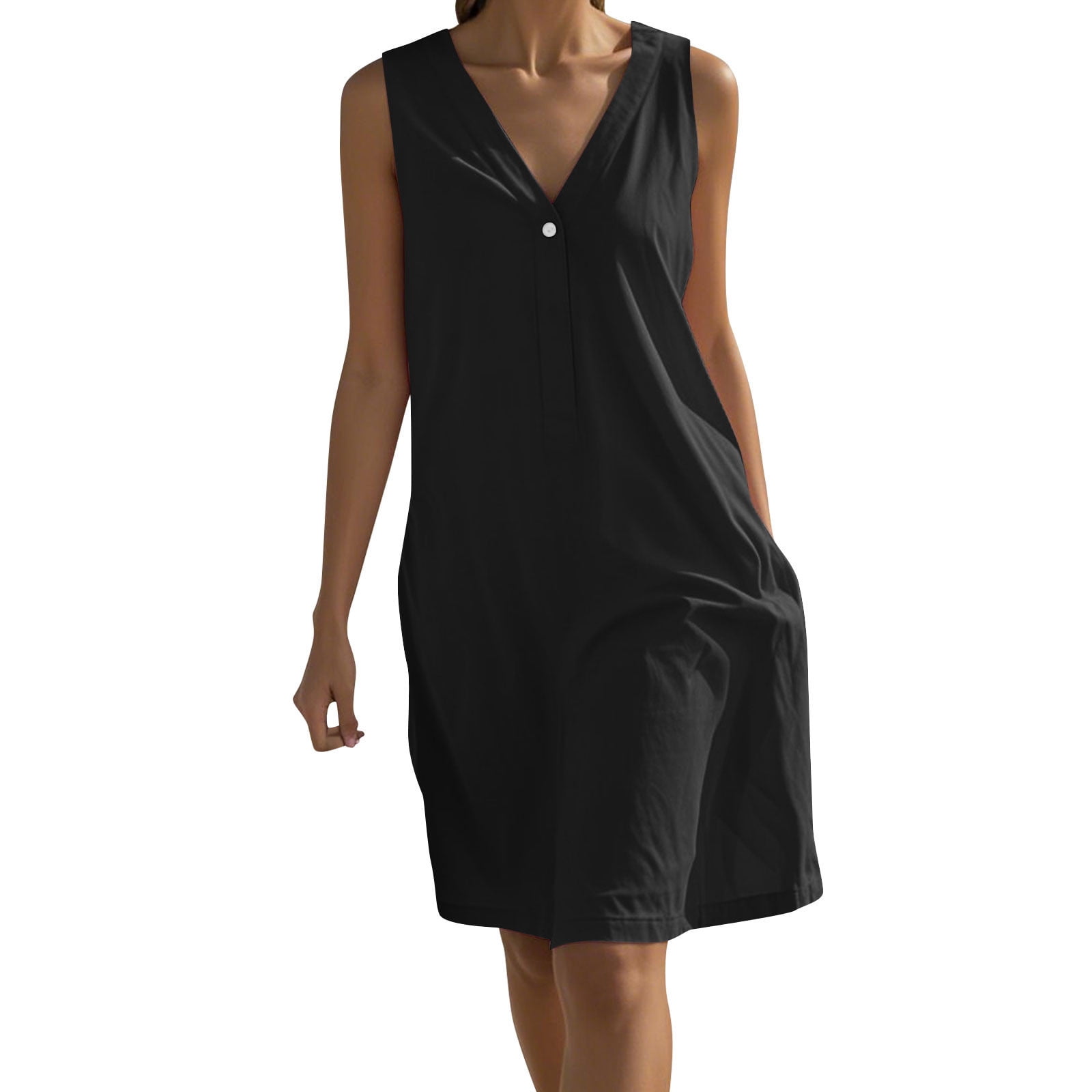 Black Ladies Boat Neck Faux Gauze Linen Dresses for Women Short 1/2 ...