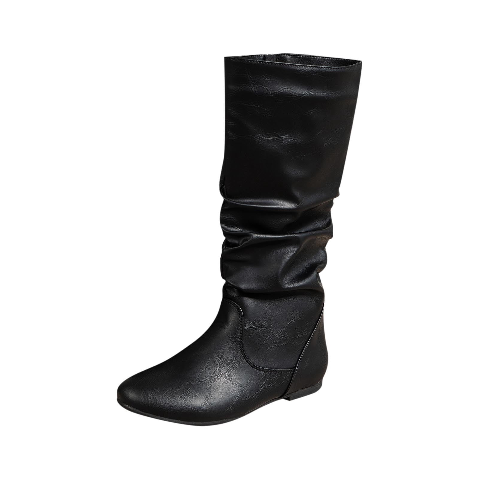 Black Ladies Boots Knee High Pleated Stacked Side Zipper Round Toe Low ...