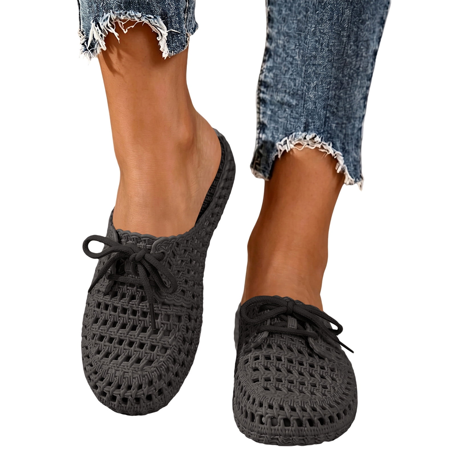 Black Ladies Breathable Sweet Closed Toe Lace Up Hollow Out Beach Clogs ...