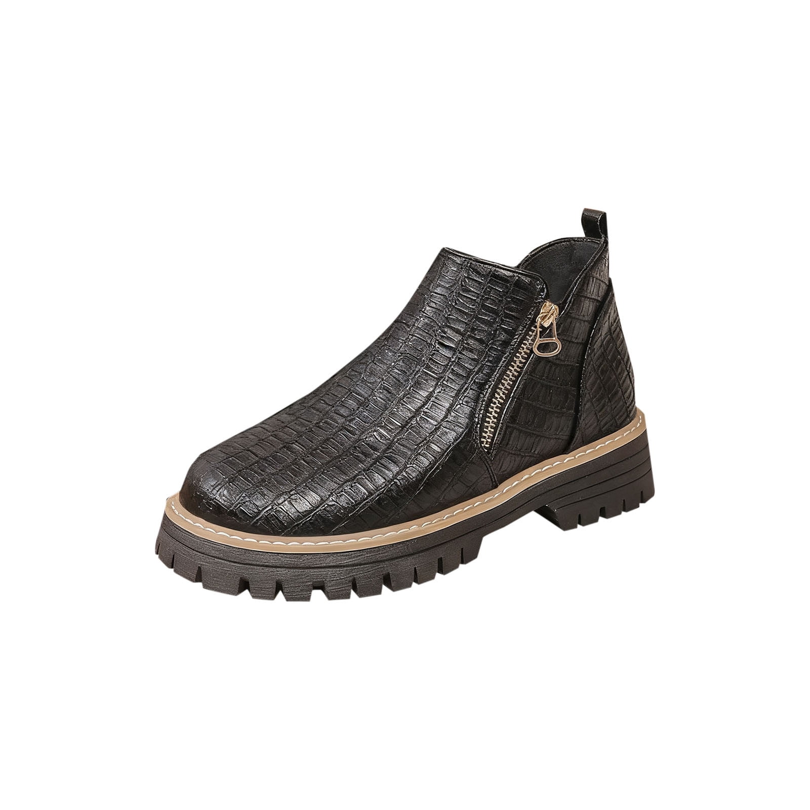 Black Ladies British Design Ankle Boots Round Toe Side Zipper Chunky ...