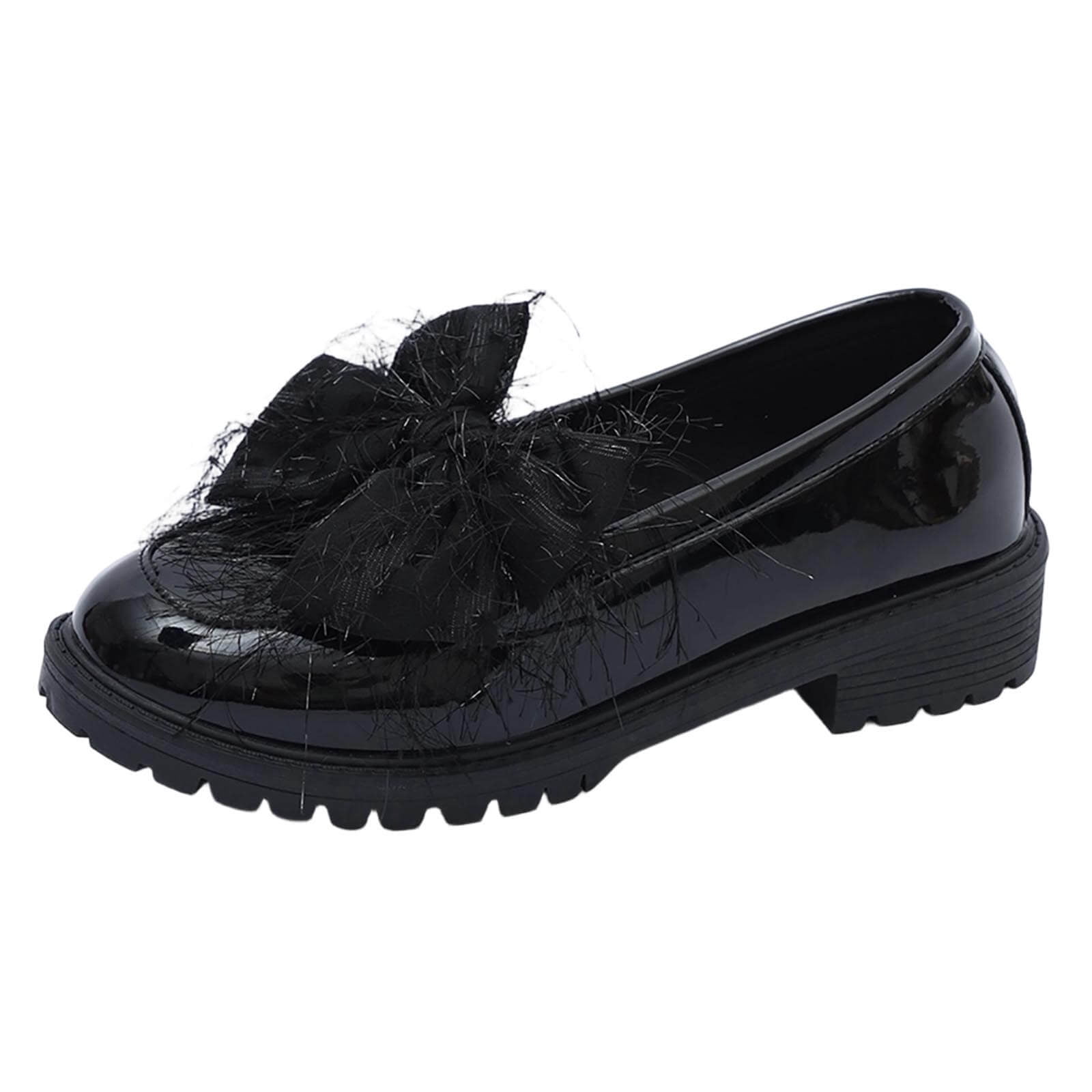 Black Ladies British Style Bow Loafers Thick Sole Round Toe Glossy ...