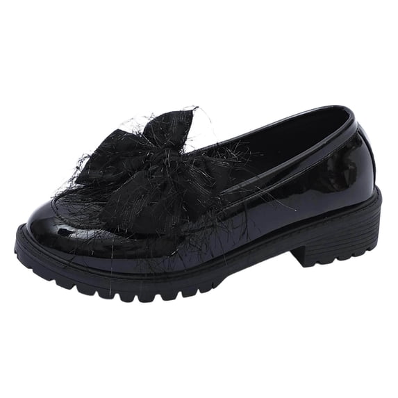 Black Ladies British Style Bow Loafers Thick Sole Round Toe Glossy ...