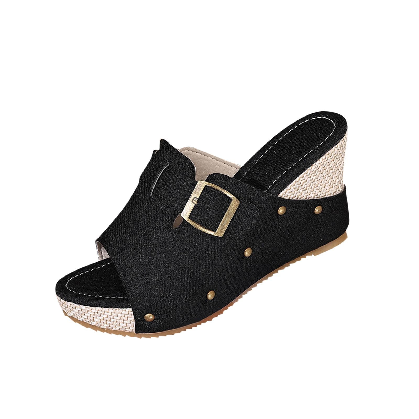 Black Ladies Buckle Large Size Spring Summer Slip-On Straw Wedge ...
