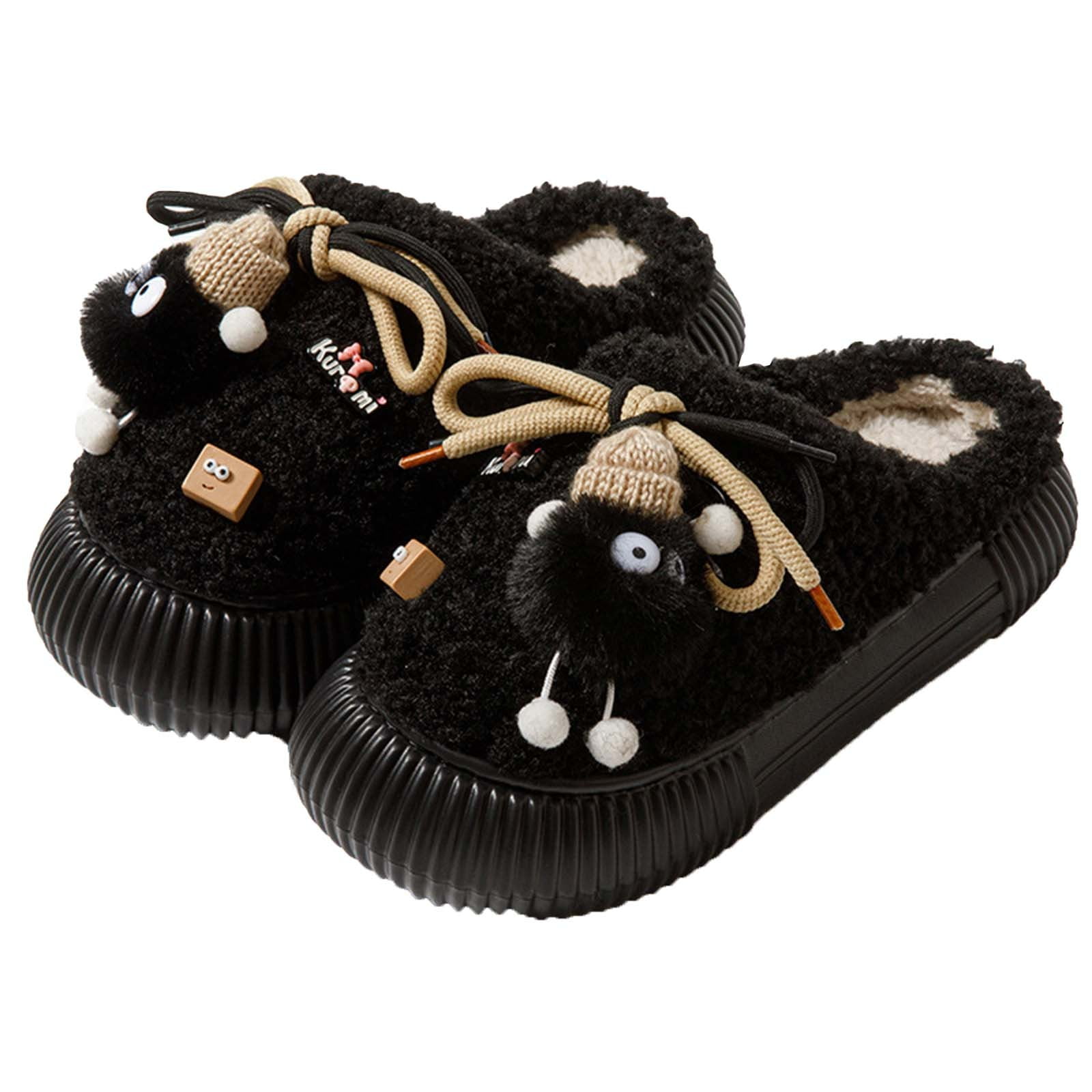 Black Ladies Casual Round Toe Plush Slippers Indoor Home Warm Soft Sole ...
