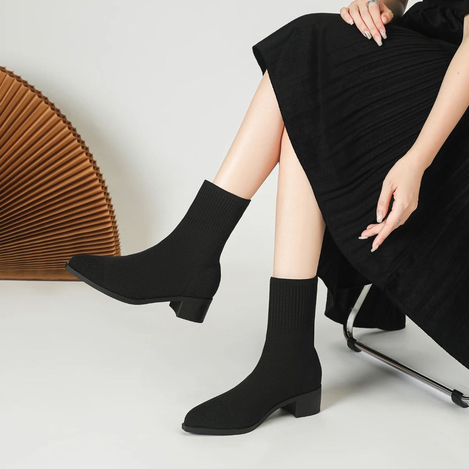Black Ladies Casual Socks Boots With Pointed Toe And High Heel Design ...