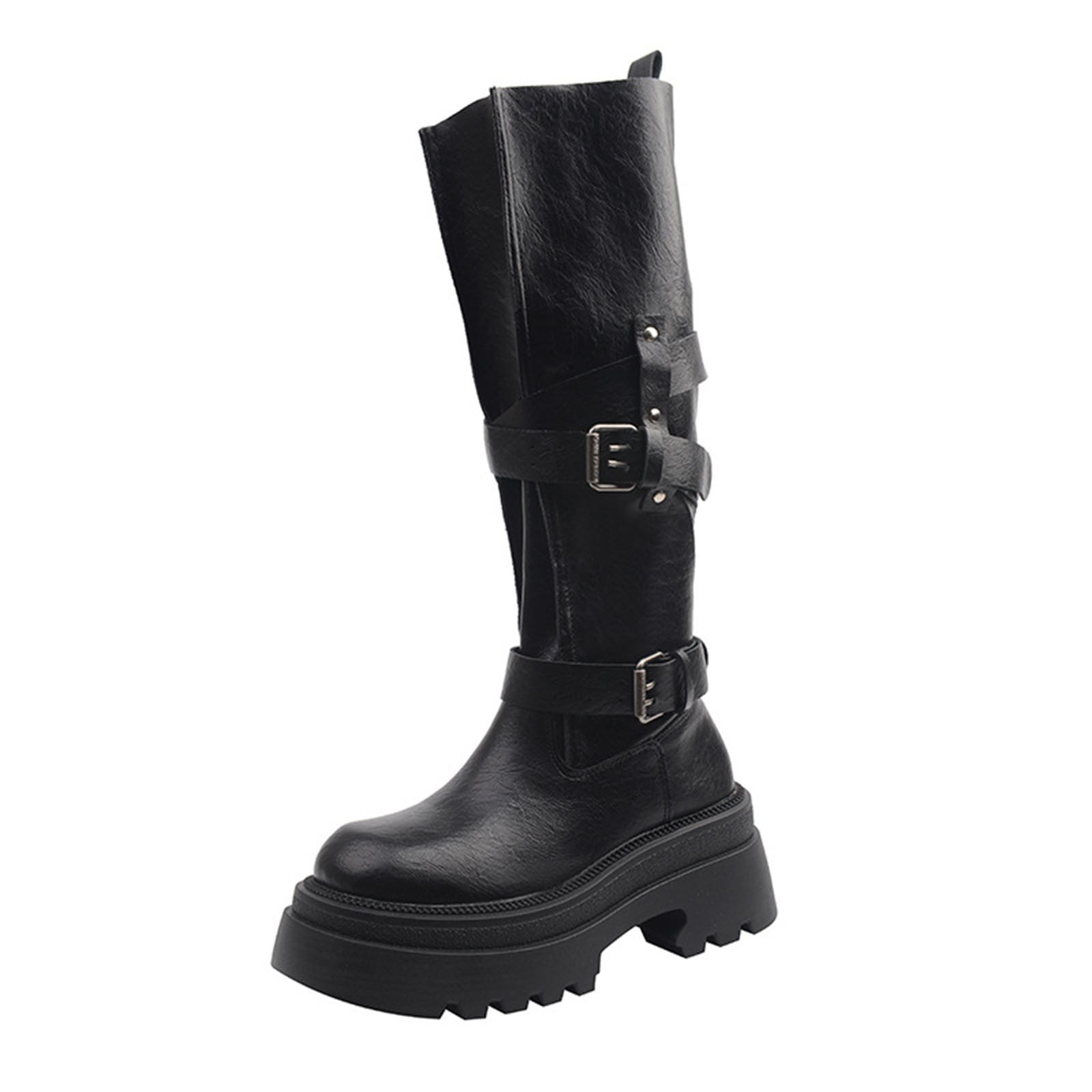 Black Ladies Chic Boots With A Chunky Heel And Round Toe With Sleeve ...