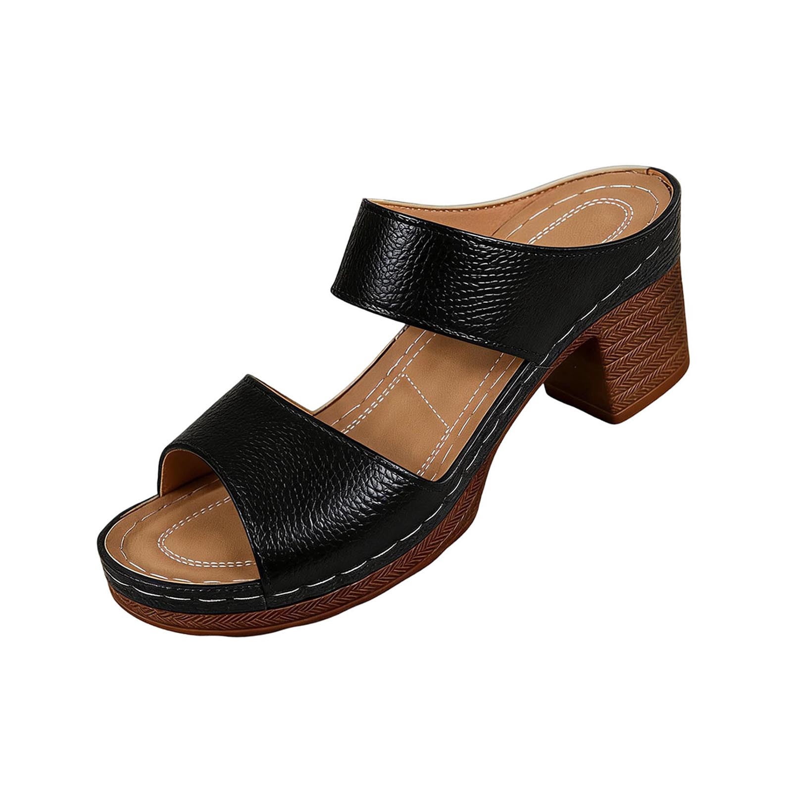 Black Ladies Chunky Heel One-Strap Slippers Featuring Hollow Design ...