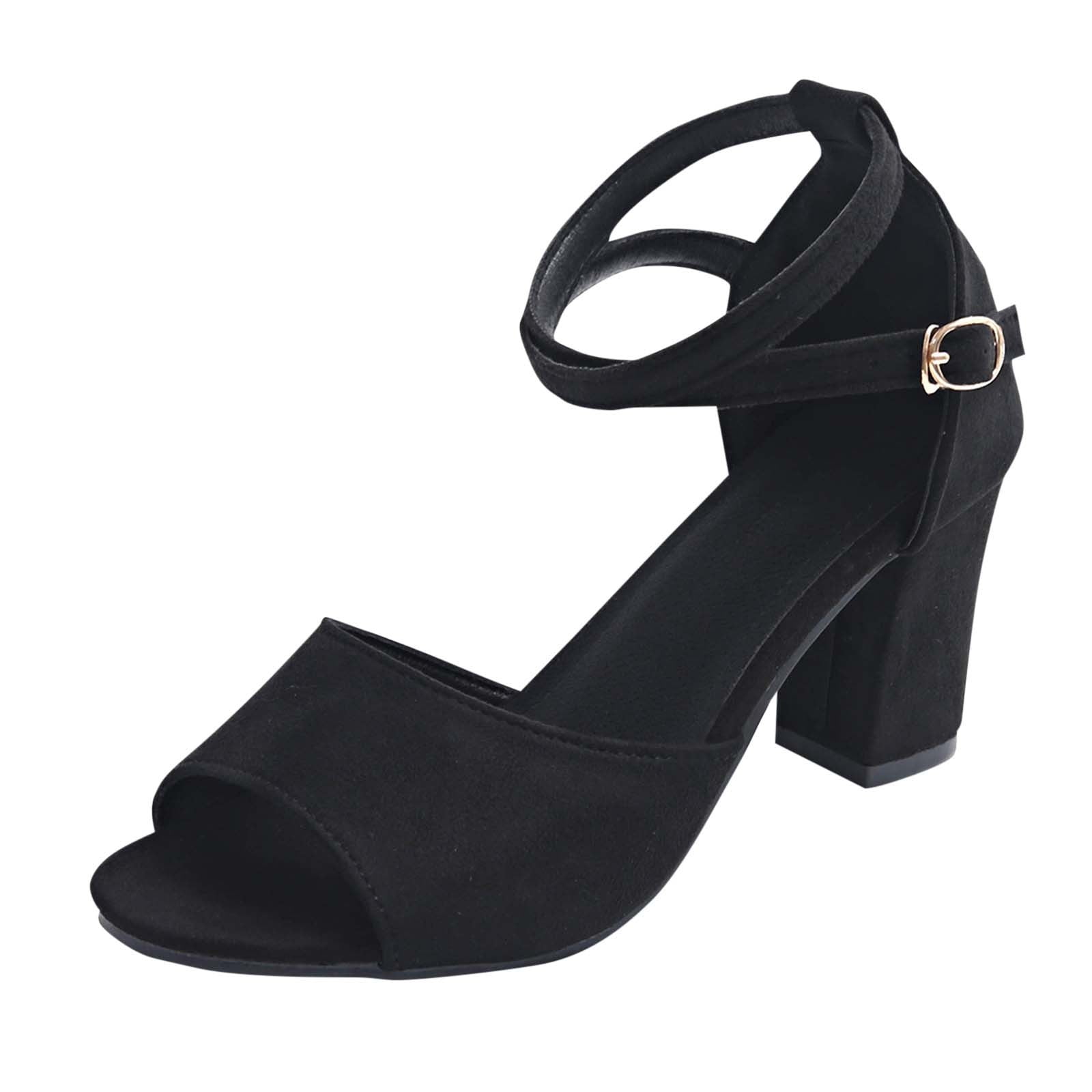 Black Ladies Clasped Suede Block Heel Sandals For Spring Summer Outings ...