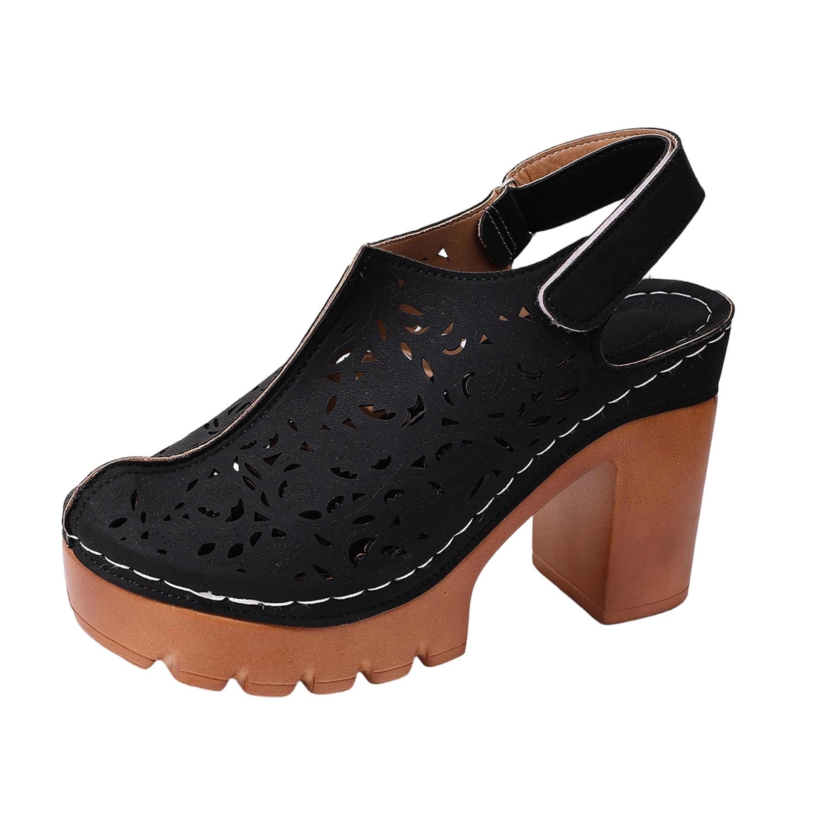 Black Ladies Closed Toe Block Heel Sandals With Chunky Platform Solid ...