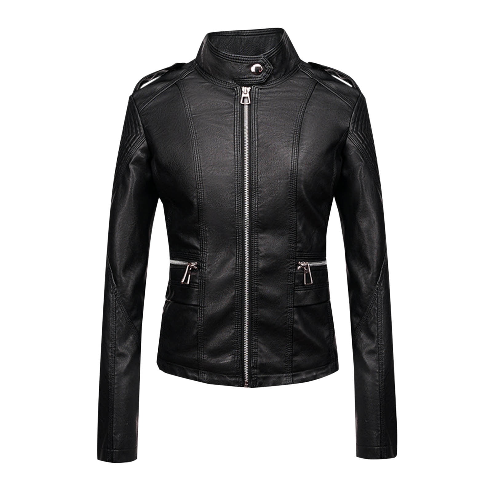 Black Ladies Collared Neck Faux Leather Jackets Coat for Women Long ...