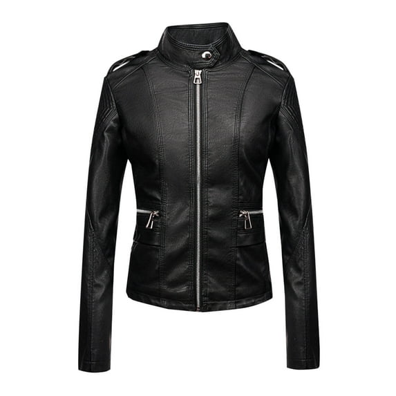 Black Ladies Collared Neck Faux Leather Jackets Coat for Women Long ...