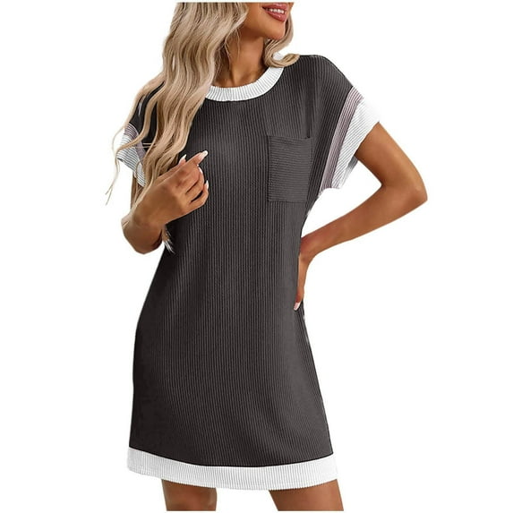 Black Ladies Color Block Crewneck Spandex Dresses for Juniors Short ...