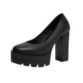 Black Ladies Comfort Heels With Dark Shiny Upper Round Toe Thick Heel ...