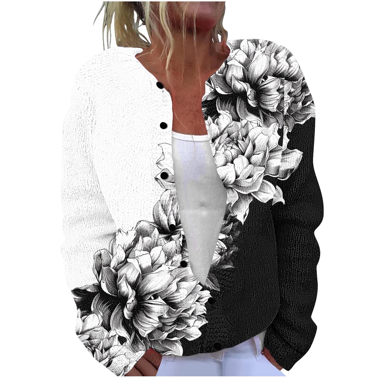 Black Ladies Crochet Cable Knit Cardigan Floral Print Jacket Outfits ...