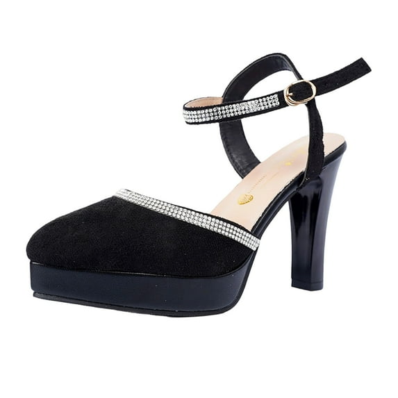 Black Ladies Everyday Heels With Closed Toe And Rhinestone Buckle ...