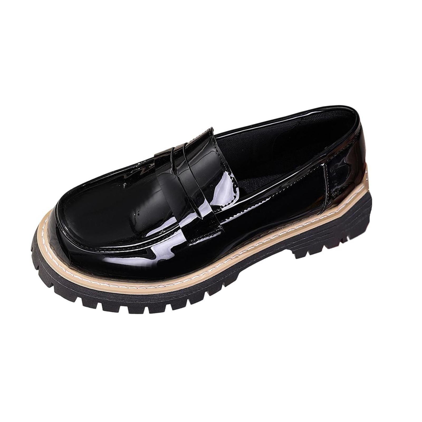 Black Ladies Everyday Loafers Mid Heel Round Toe With Chunky Block ...