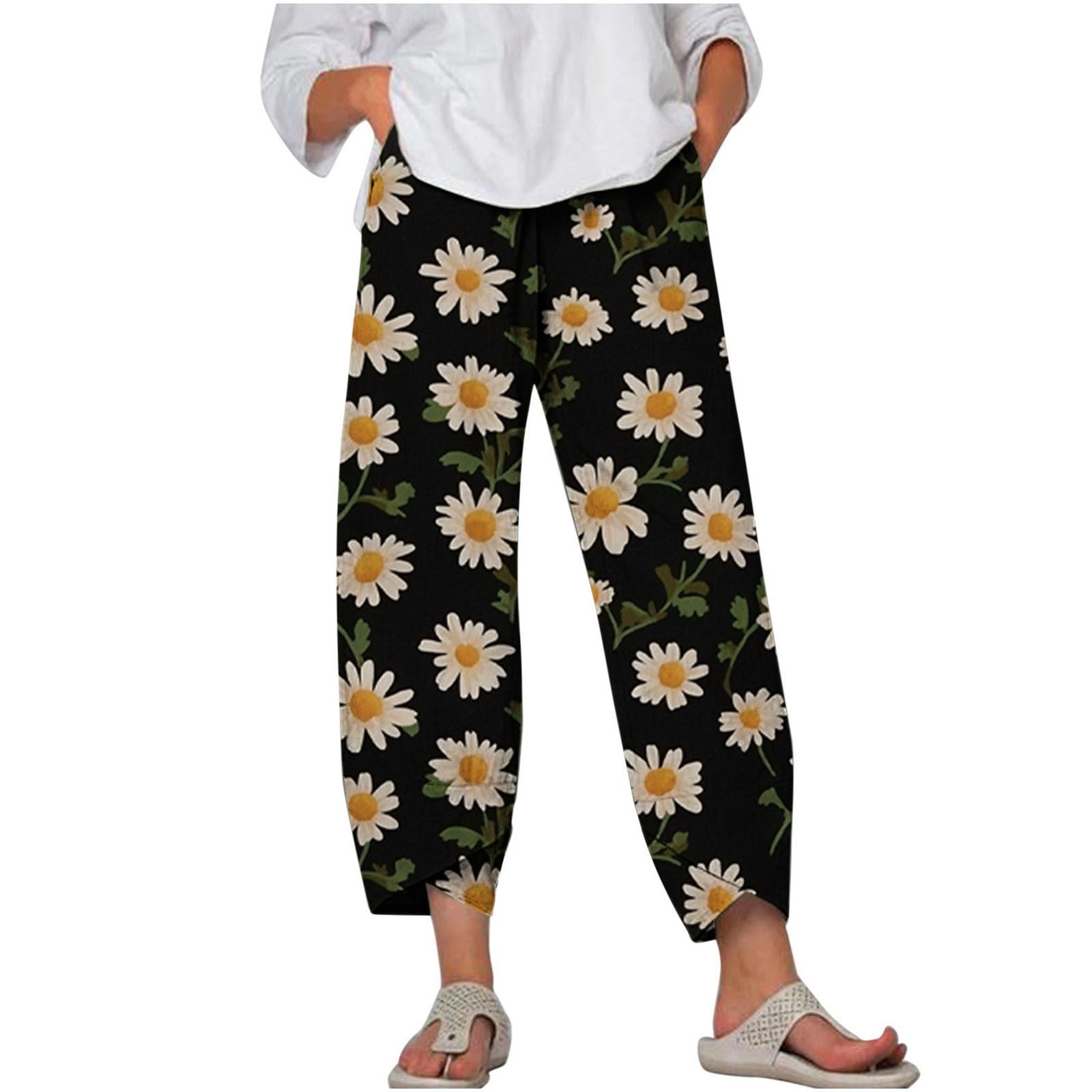 Black Ladies Faux Linen Lounge Trousers Pants for Juniors Daisy Floral Print Loose Fit Harem ...