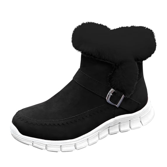 Black Ladies Flat Bottom Winter Snow Boots Round Toe Warm Plush Lined ...