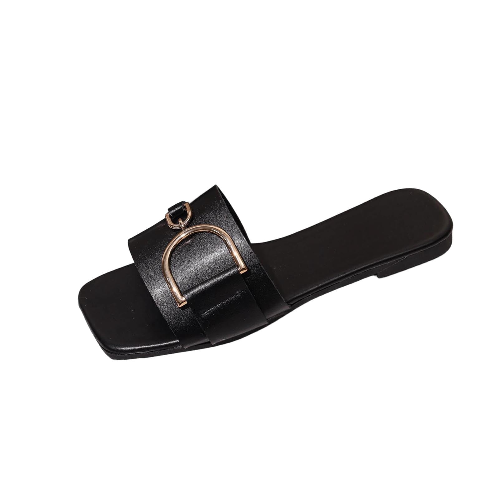 Black Ladies Flat Buckle Slippers Open Toe Solid Color Indoor Outdoor ...