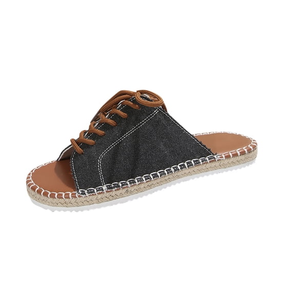 Black Ladies Flat Round Toe Slippers Bohemian Beach Casual Summer ...