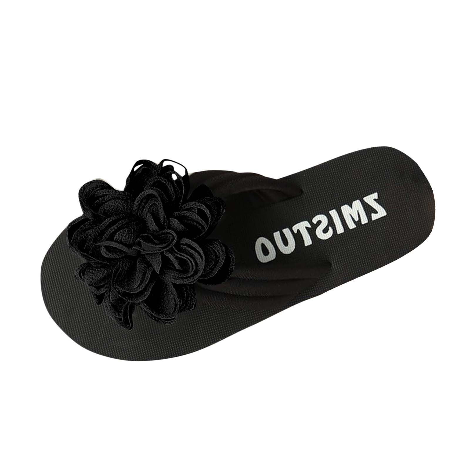 Black Ladies Flat Sandals Flip Flop Open Toe Flower Design Casual ...