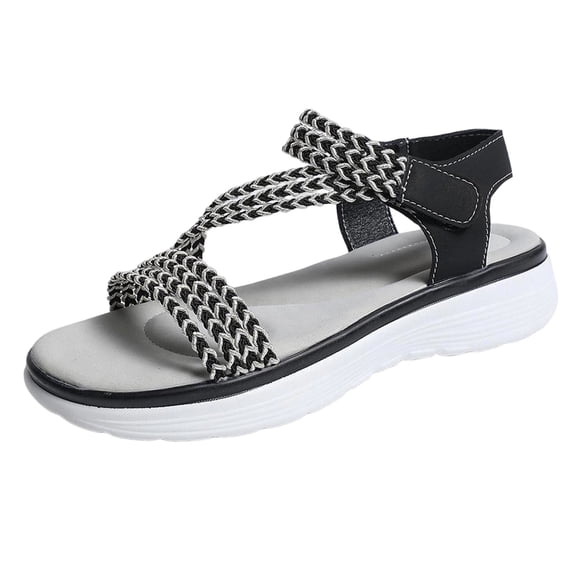 Black Ladies Flat Sandals Round Toe Open Toe Elastic Strap Soft Sole ...