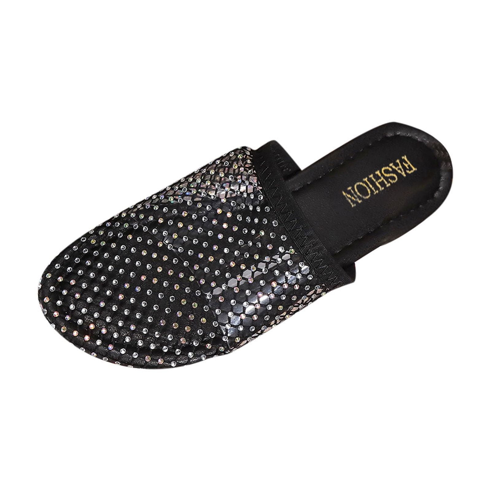 Black Ladies Flat Slippers With Closed Toe And Rhinestone Design For ...