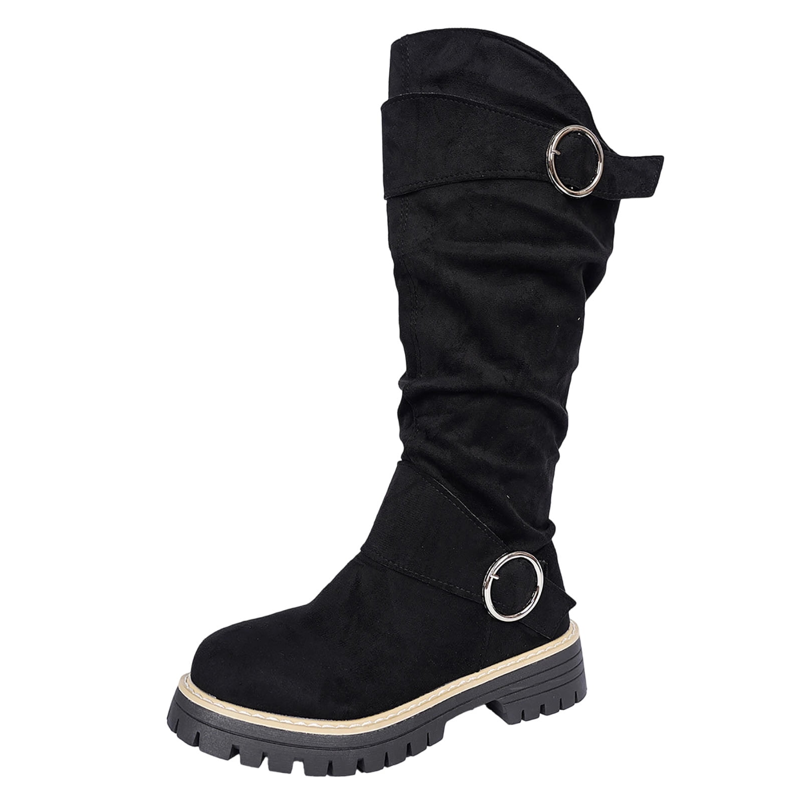 Black Ladies Fleece Lined Warm Boots Round Toe Slouch Style With Belt ...