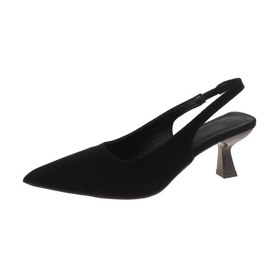 Black Ladies High Heel Shoes Elastic Back Strap Square Heel Slim Heel ...