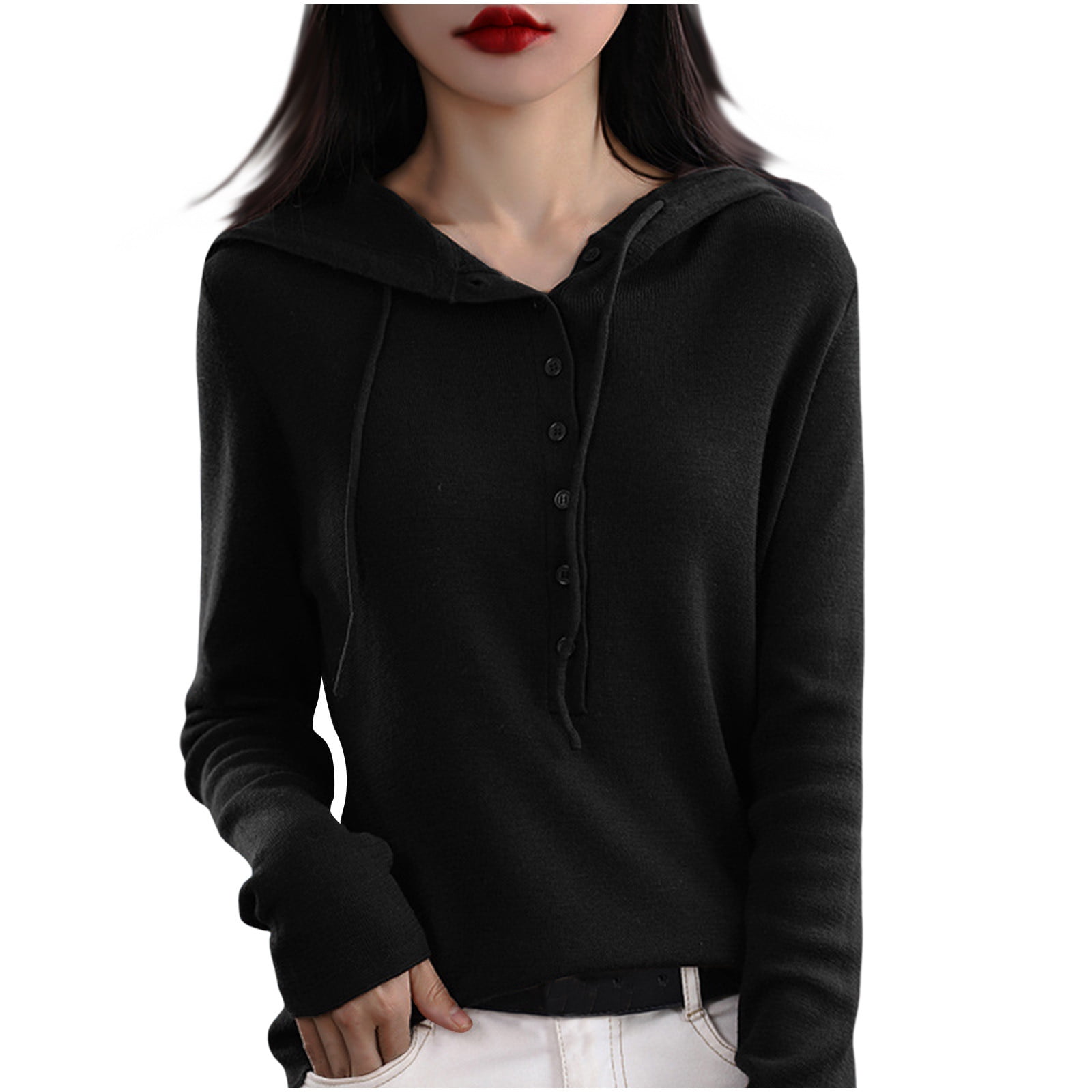 Black Ladies Long Sleeve Hood Coat for Juniors Brunch Crochet Hooded ...