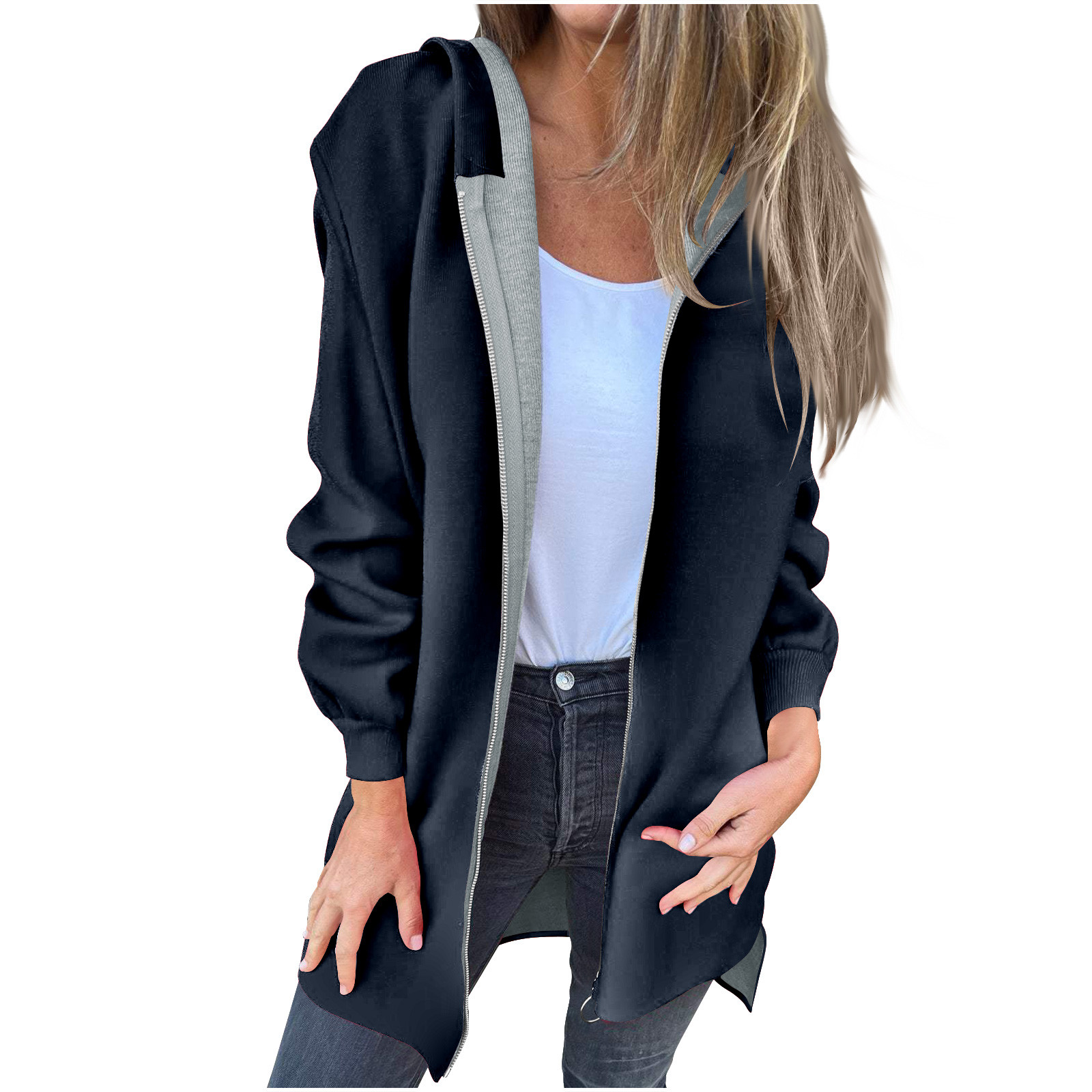 Black Ladies Long Spandex Jacket Hood Outfits for Women Hooded Cardigan ...